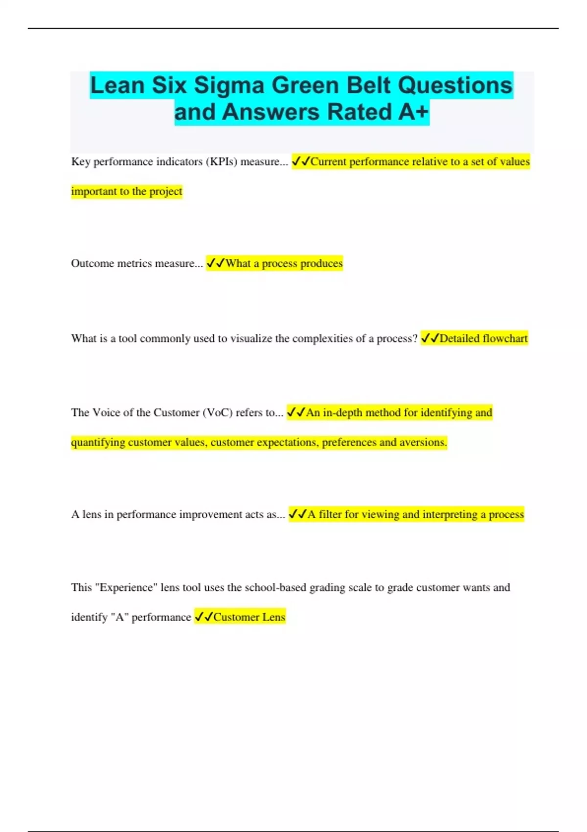 Lean Six Sigma Green Belt Questions and Answers Rated A+ - Lean Six ...