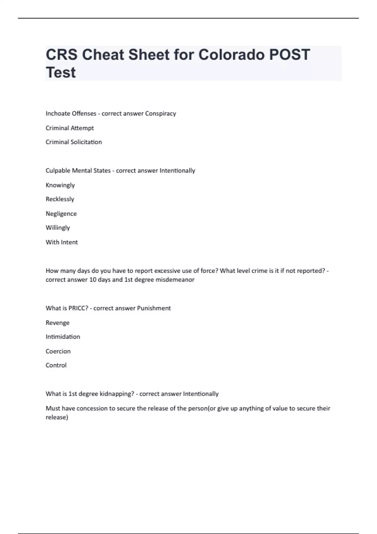 CRS Cheat Sheet for Colorado POST Test questions and answers verified ...