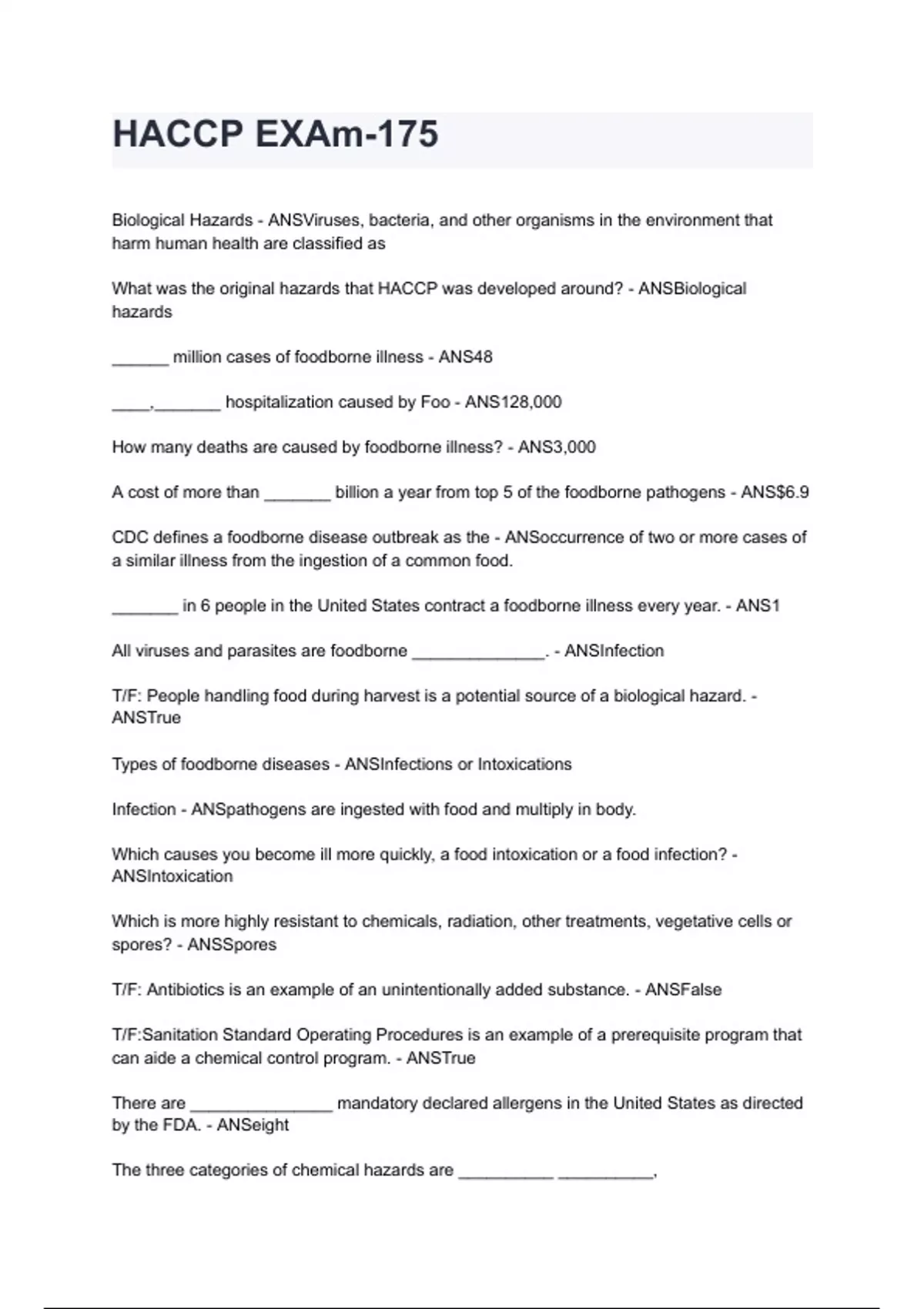 HACCP EXAm-175 questions and answers graded A+ by experts 2024/2025 ...