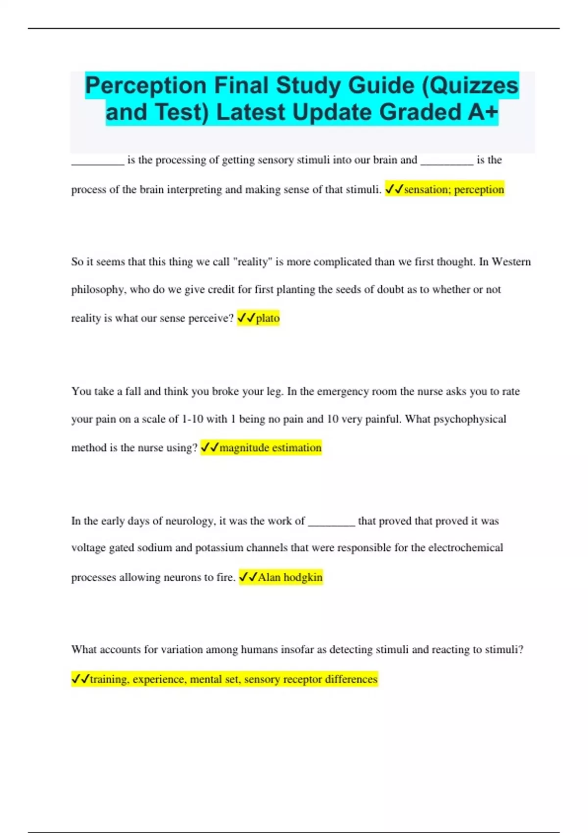 Perception Final Study Guide (Quizzes and Test) Latest Update Graded A+ ...