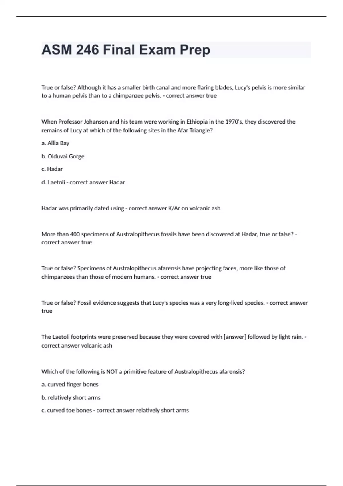 ASM 246 Final Exam Prep Arizona State University - Question and answers already passed - ASM 246 ...