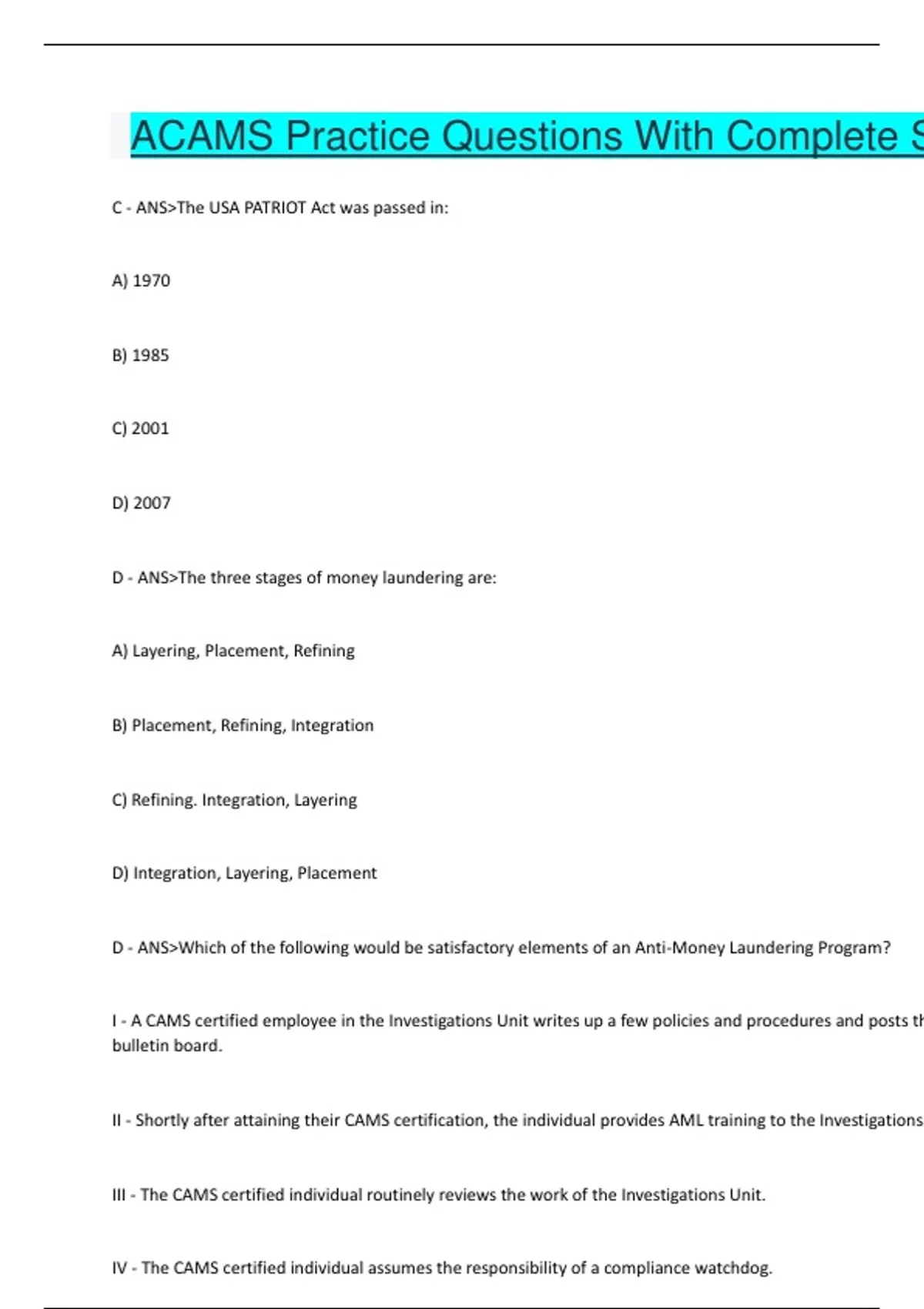 ACAMS Practice Questions With Complete Solutions!! - ACAMS - Stuvia US