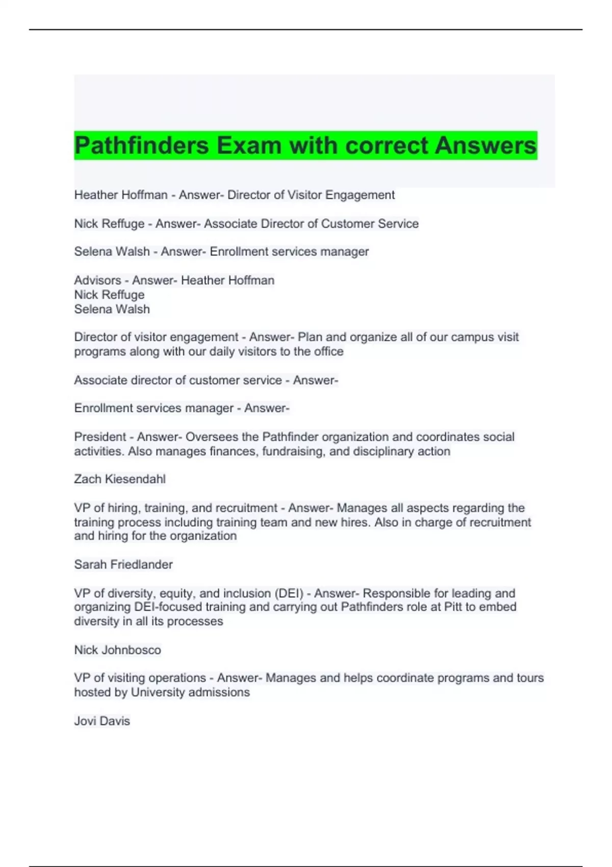 Pathfinders Exam with correct Answers Graded A - Pathfinder - Stuvia US