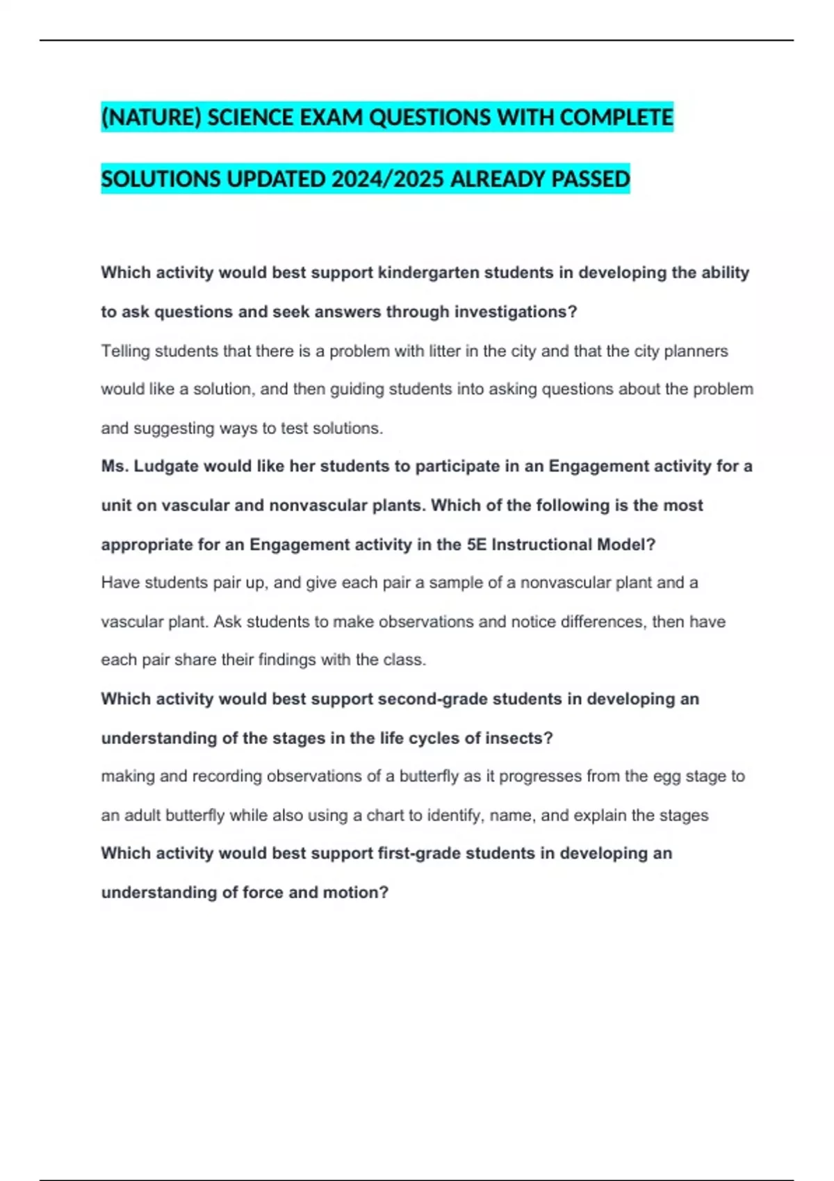 (NATURE) SCIENCE EXAM QUESTIONS WITH COMPLETE SOLUTIONS UPDATED 2024/ ...