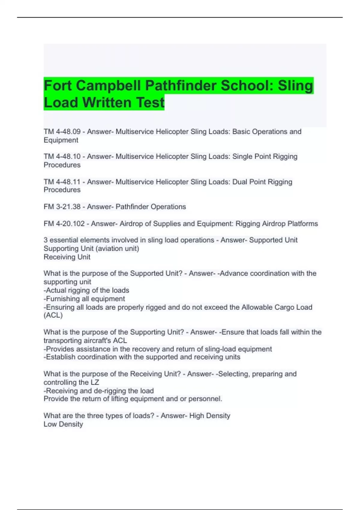 Fort Campbell Pathfinder School Sling Load Written Test Questions and ...