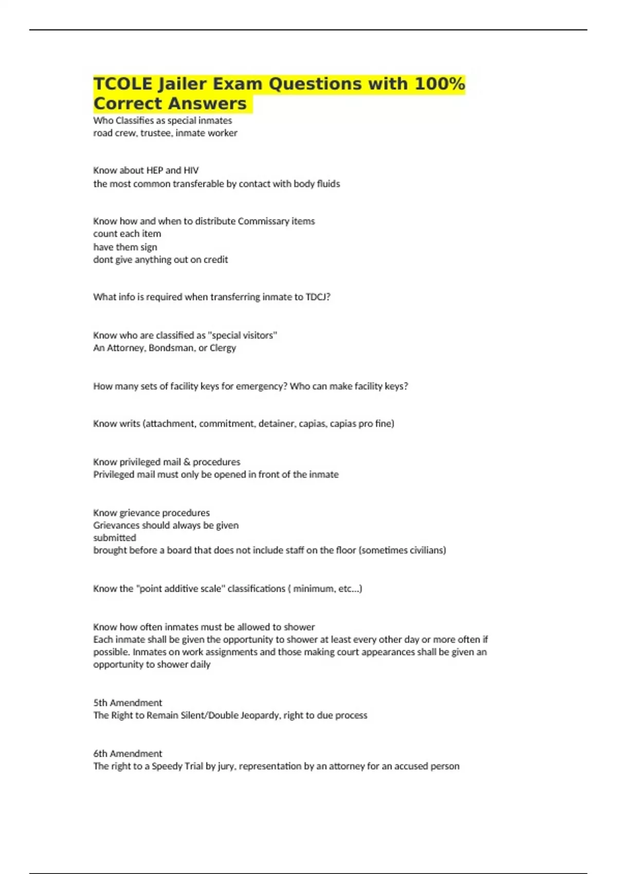 TCOLE Jailer Exam Questions with 100% Correct Answers - TCOLE Jailer ...