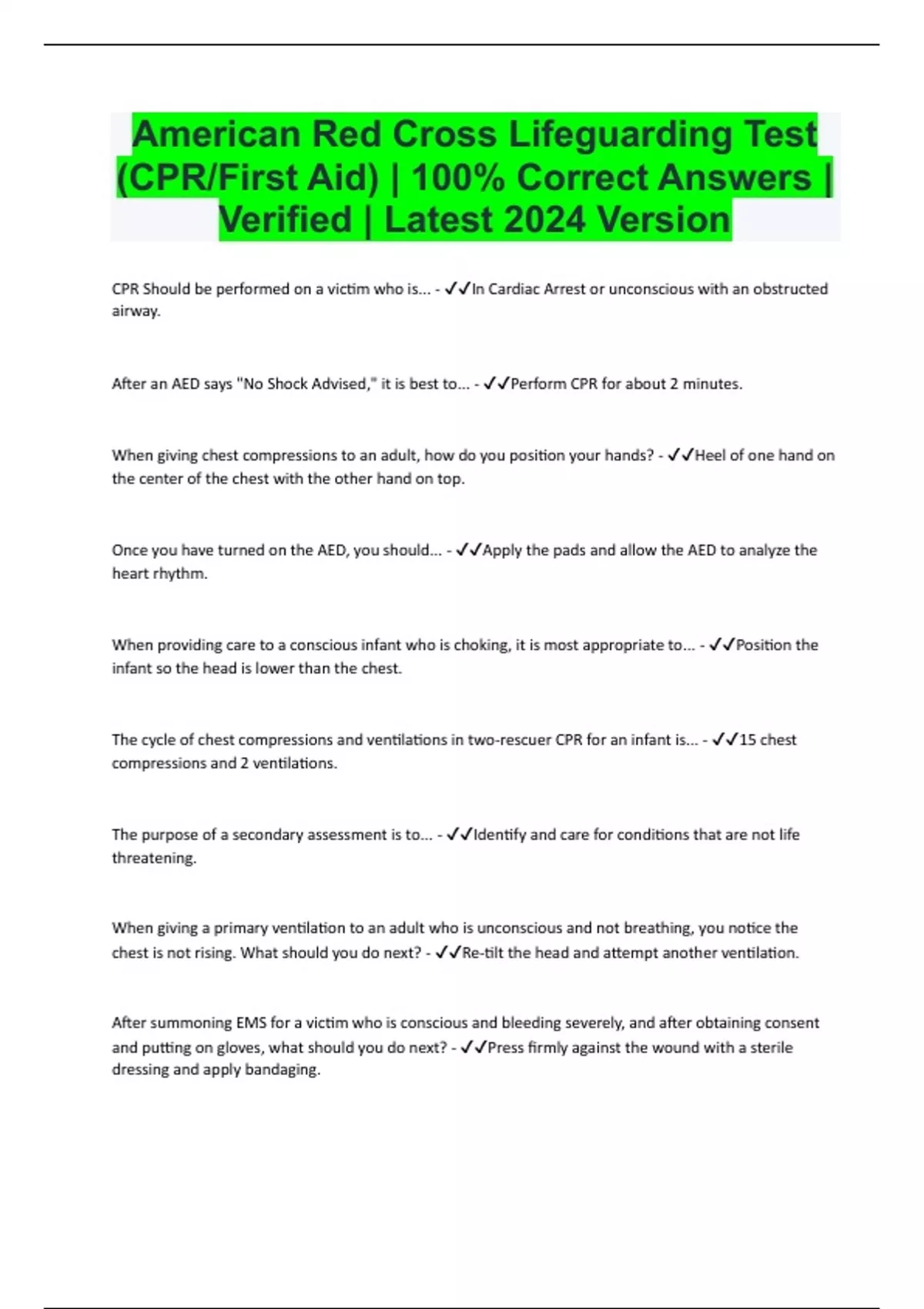 American Red Cross Lifeguarding Test (CPR/First Aid) | 100% Correct ...