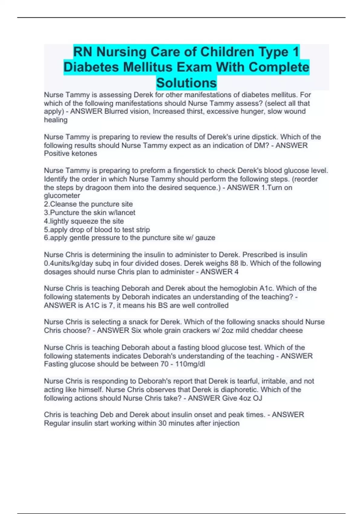 RN Nursing Care of Children Type 1 Diabetes Mellitus Exam With Complete ...