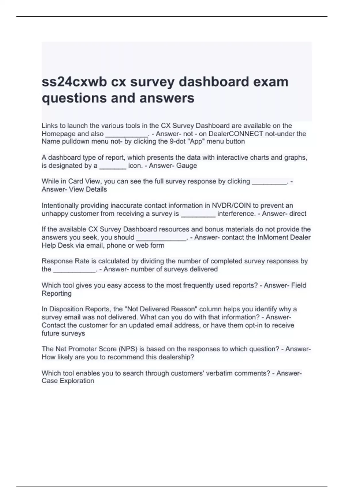 ss24cxwb cx survey dashboard exam questions and answers - Ss24cxwb ...