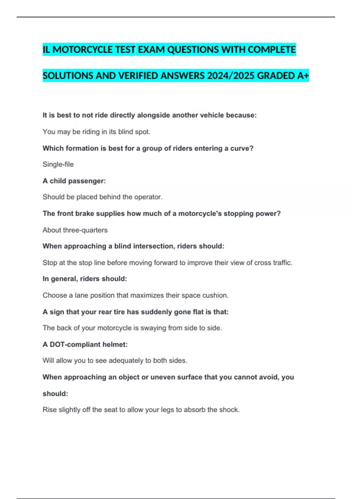 IL MOTORCYCLE TEST EXAM QUESTIONS WITH COMPLETE SOLUTIONS AND VERIFIED ...