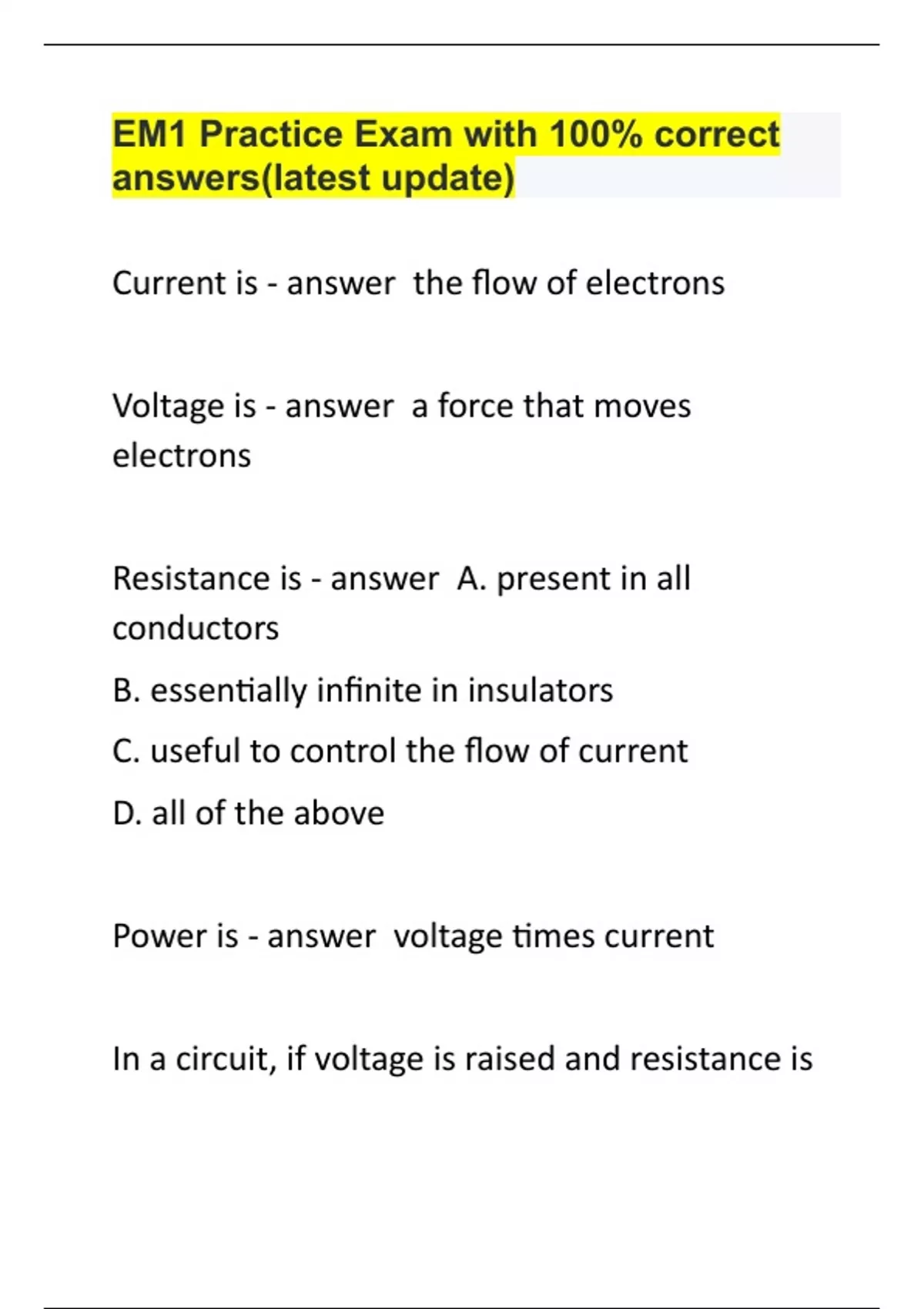 EM1 Practice Exam with 100% correct answers(latest update) - ETA ...