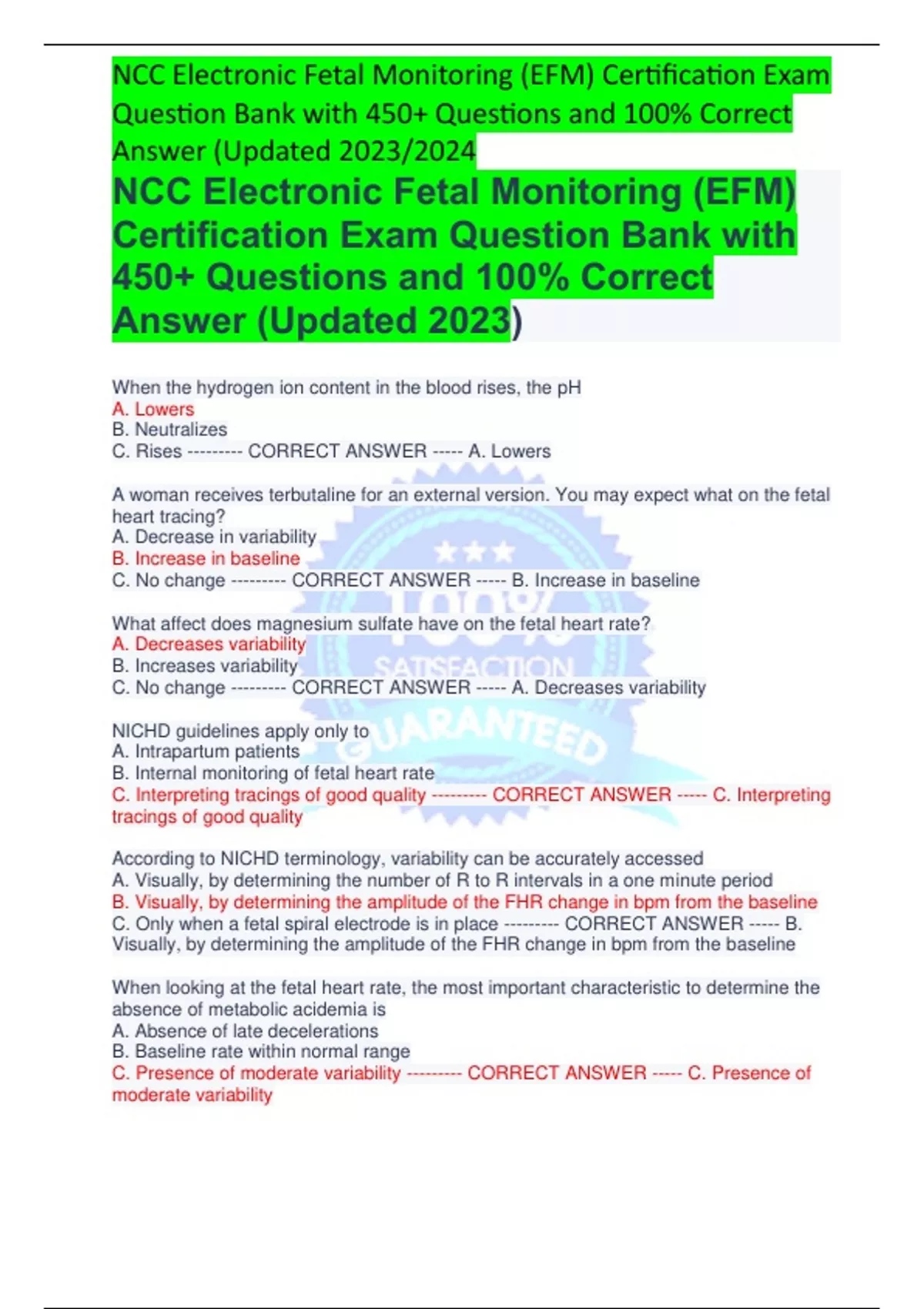 NCC Electronic Fetal Monitoring (EFM) Certification Exam Question Bank with 450+ Questions and ...