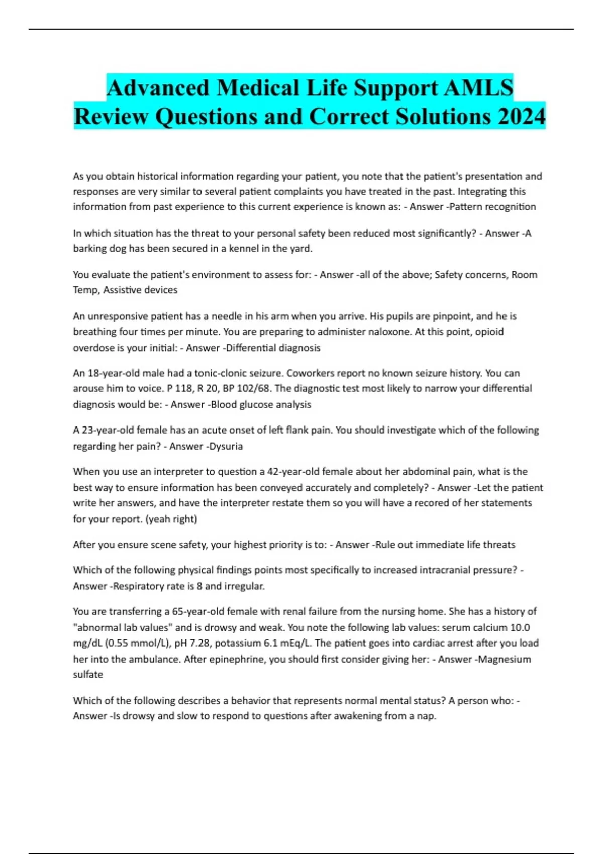 Advanced Medical Life Support AMLS Review Questions and Correct ...