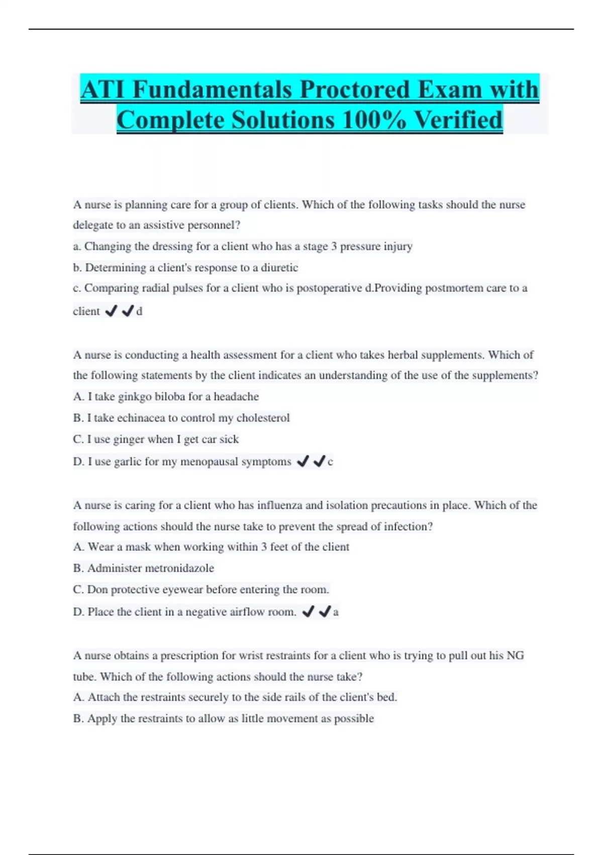 ATI Fundamentals Proctored Exam with Complete Solutions 100% Verified - ATI Fundamentals - Stuvia US