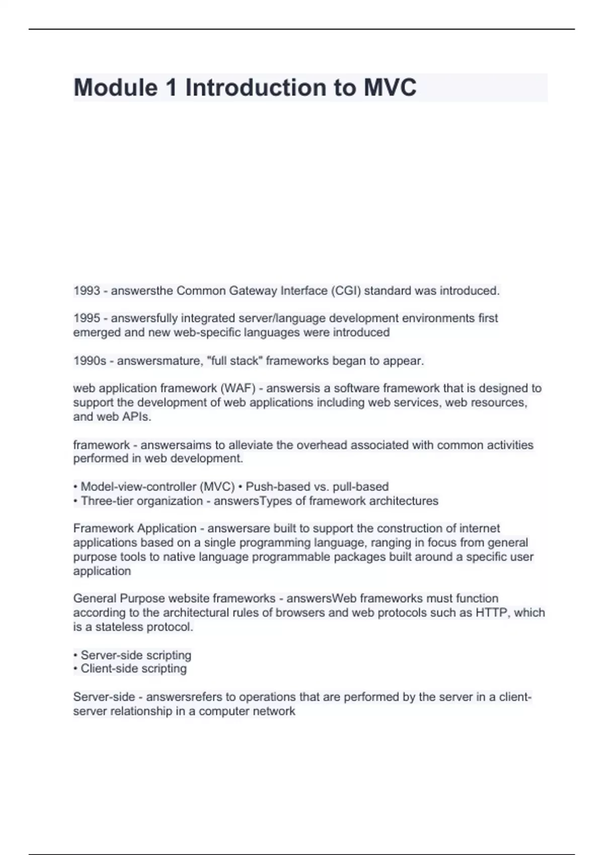 Module 1 Introduction to MVC questions with solutions - Mvc - Stuvia US