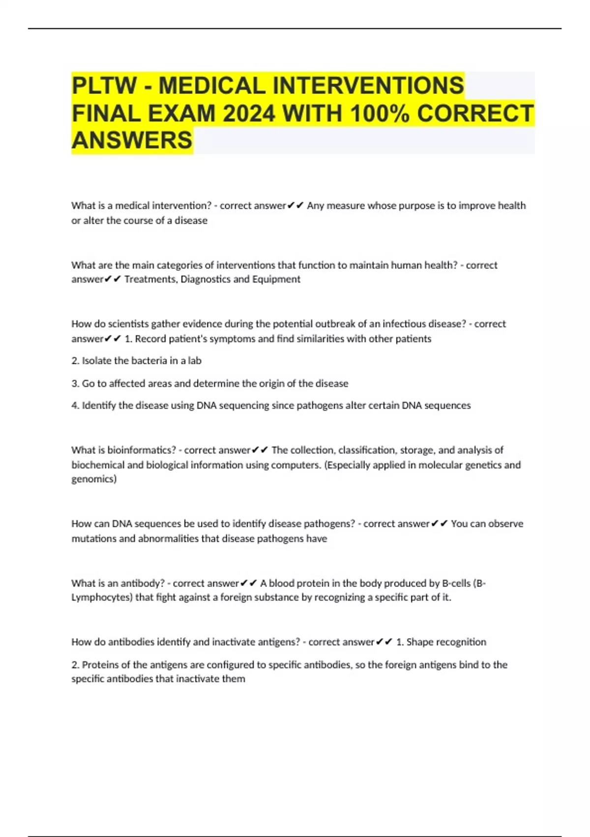 PLTW - MEDICAL INTERVENTIONS FINAL EXAM 2024 WITH 100% CORRECT ANSWERS ...