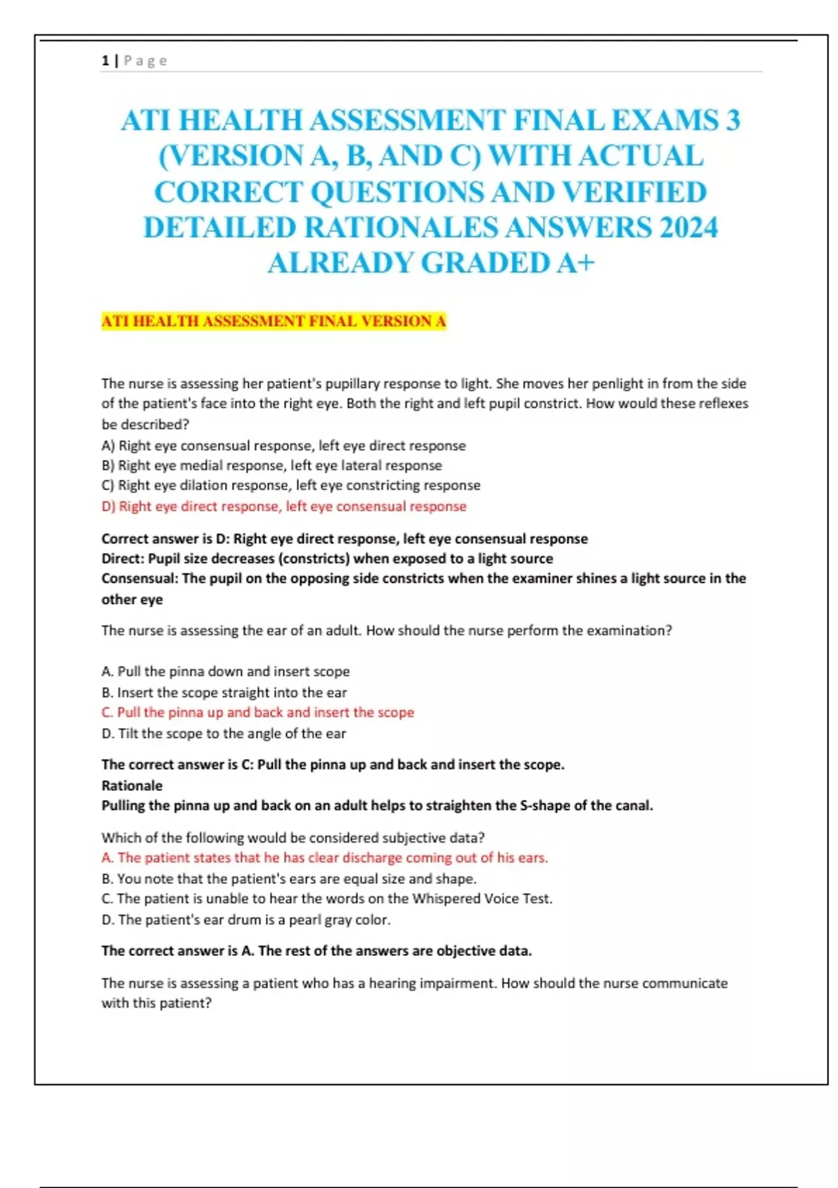 ATI HEALTH ASSESSMENT FINAL EXAMS 3 (VERSION A, B, AND C) WITH ACTUAL ...