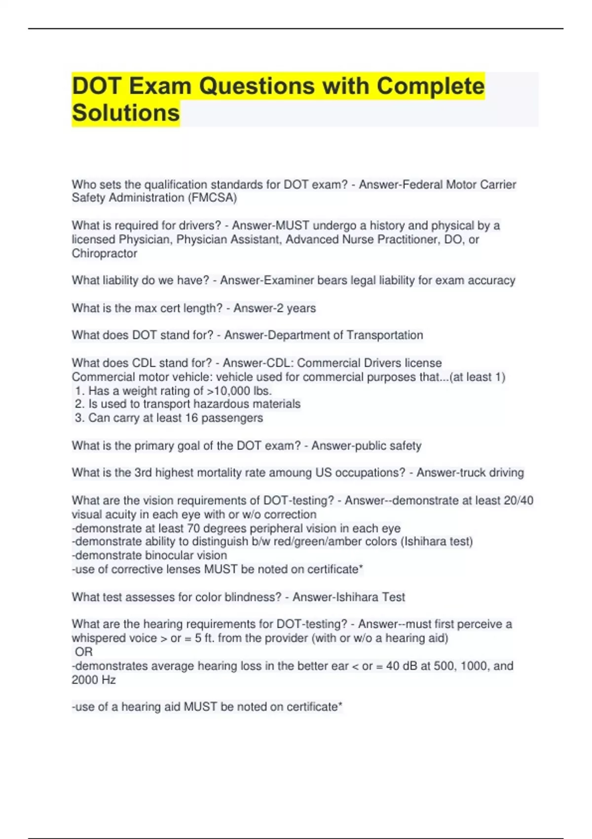 DOT Exam Questions with Complete Solutions - DOT - Stuvia US