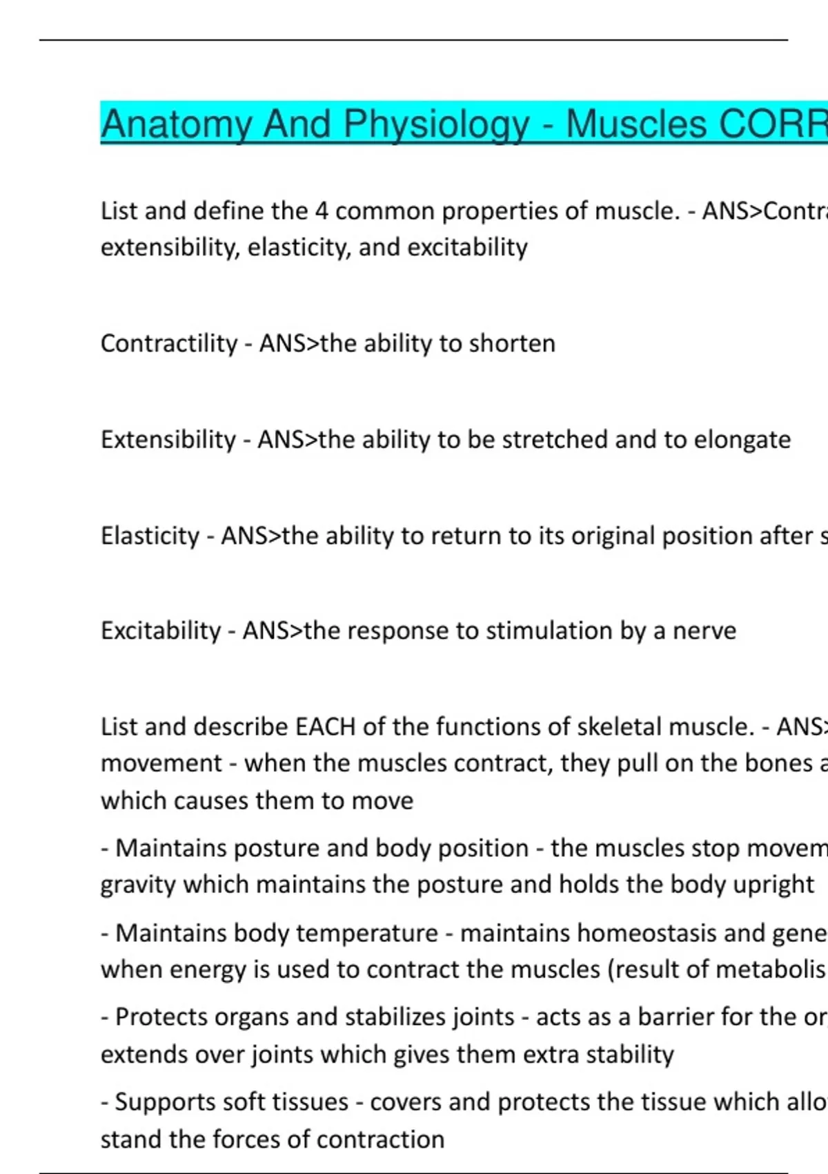 Anatomy And Physiology - Muscles CORRECT!! - Muscles - Stuvia US