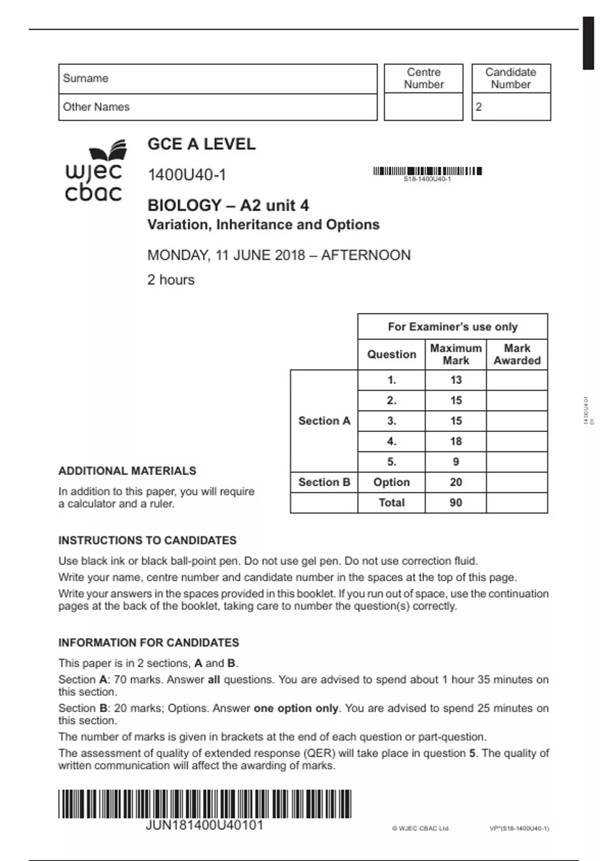 GCE A LEVEL 1400U40-1 BIOLOGY – A2 unit 4 Variation, Inheritance and ...