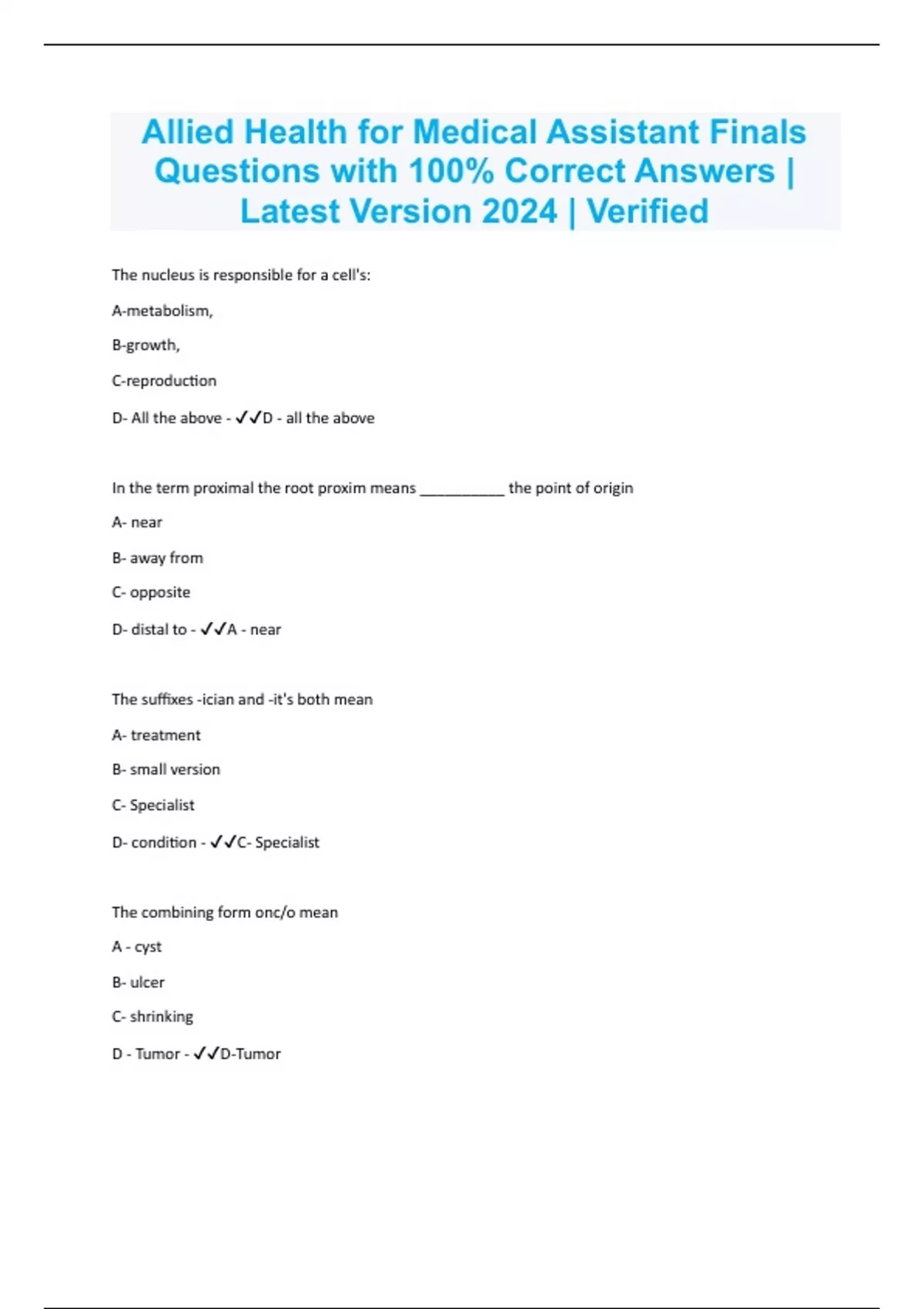 Allied Health for Medical Assistant Finals Questions with 100% Correct ...