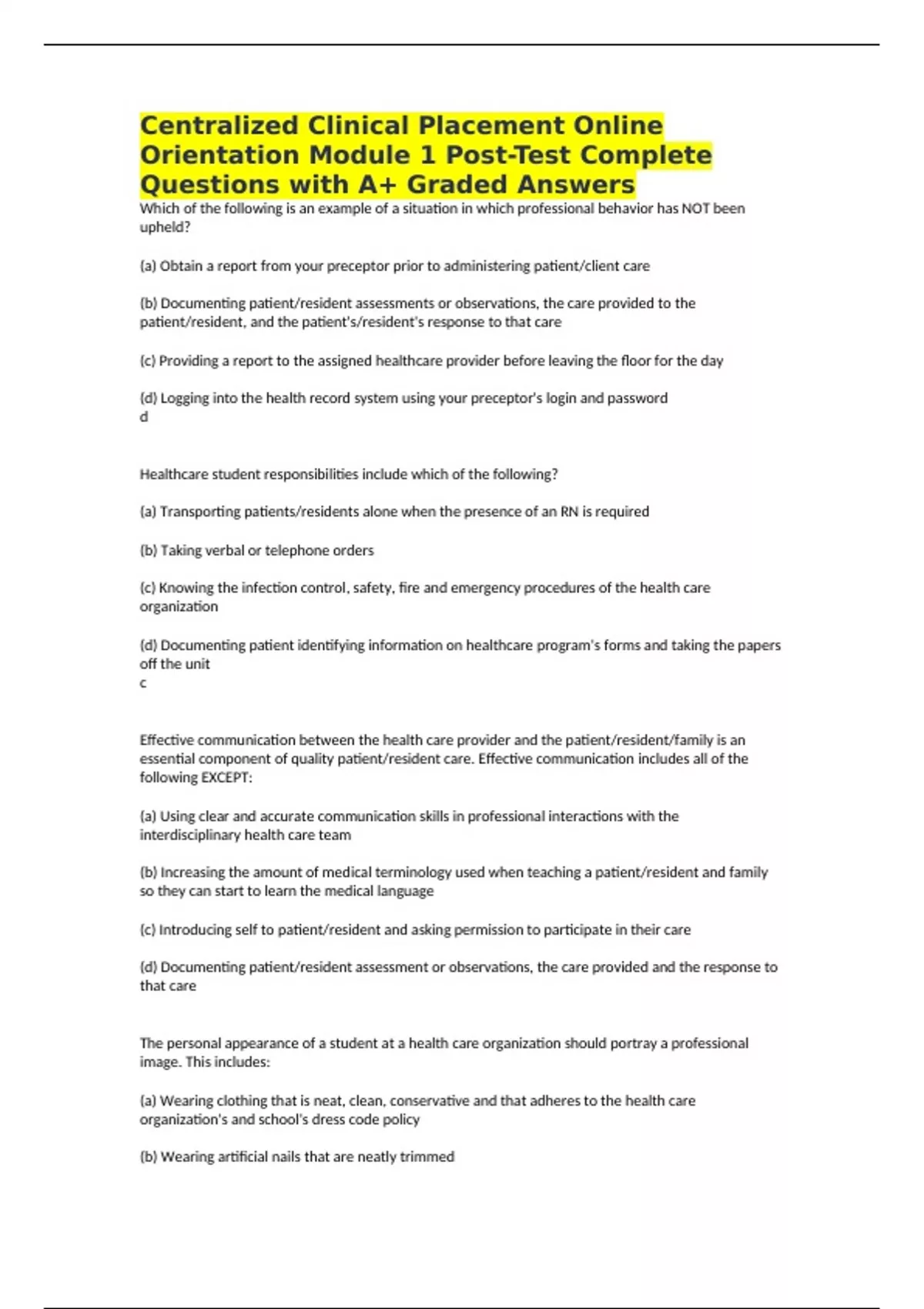 Centralized Clinical Placement Online Orientation Module 1 Post-Test ...