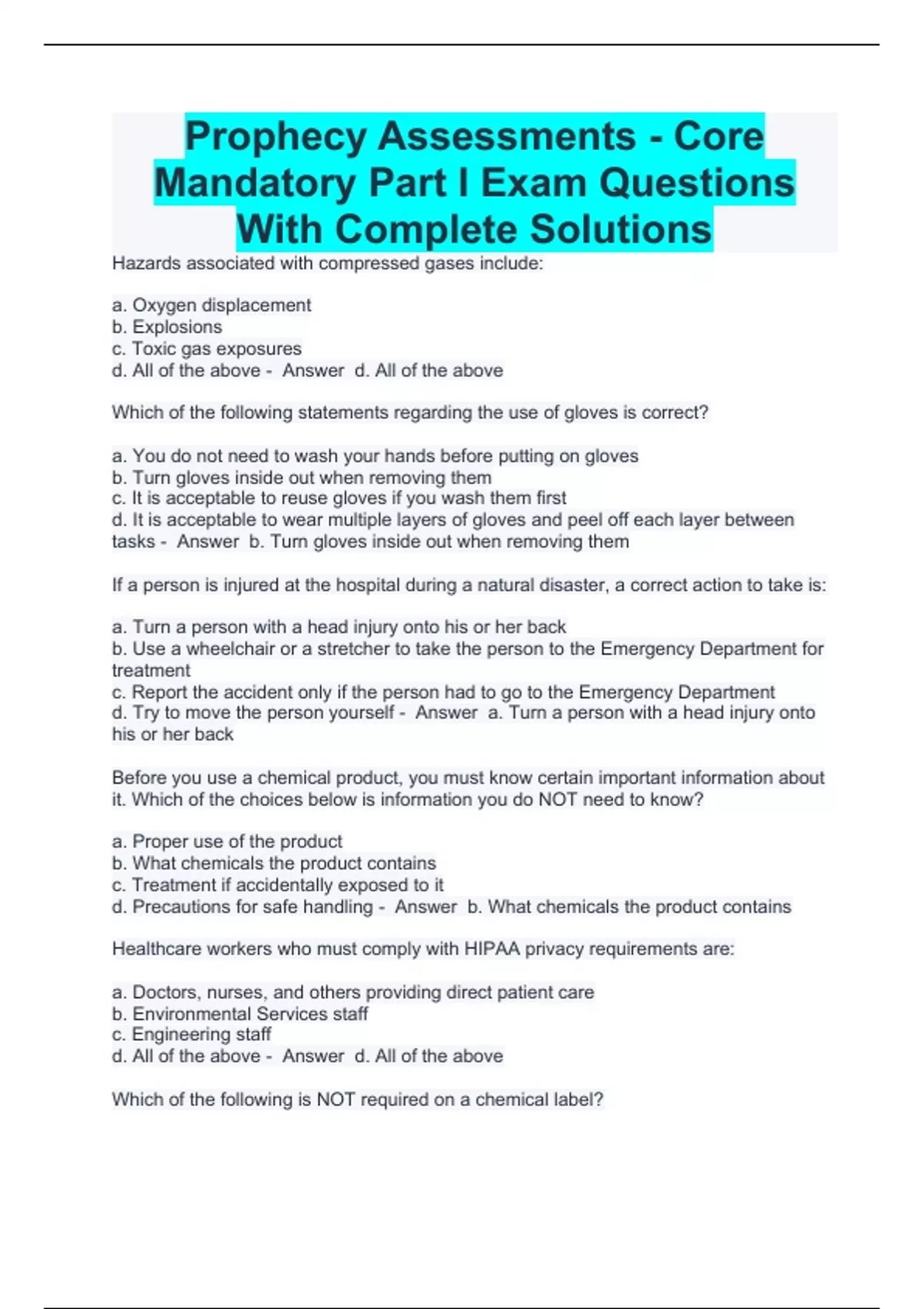 Prophecy Assessments - Core Mandatory Part I Exam Questions With ...