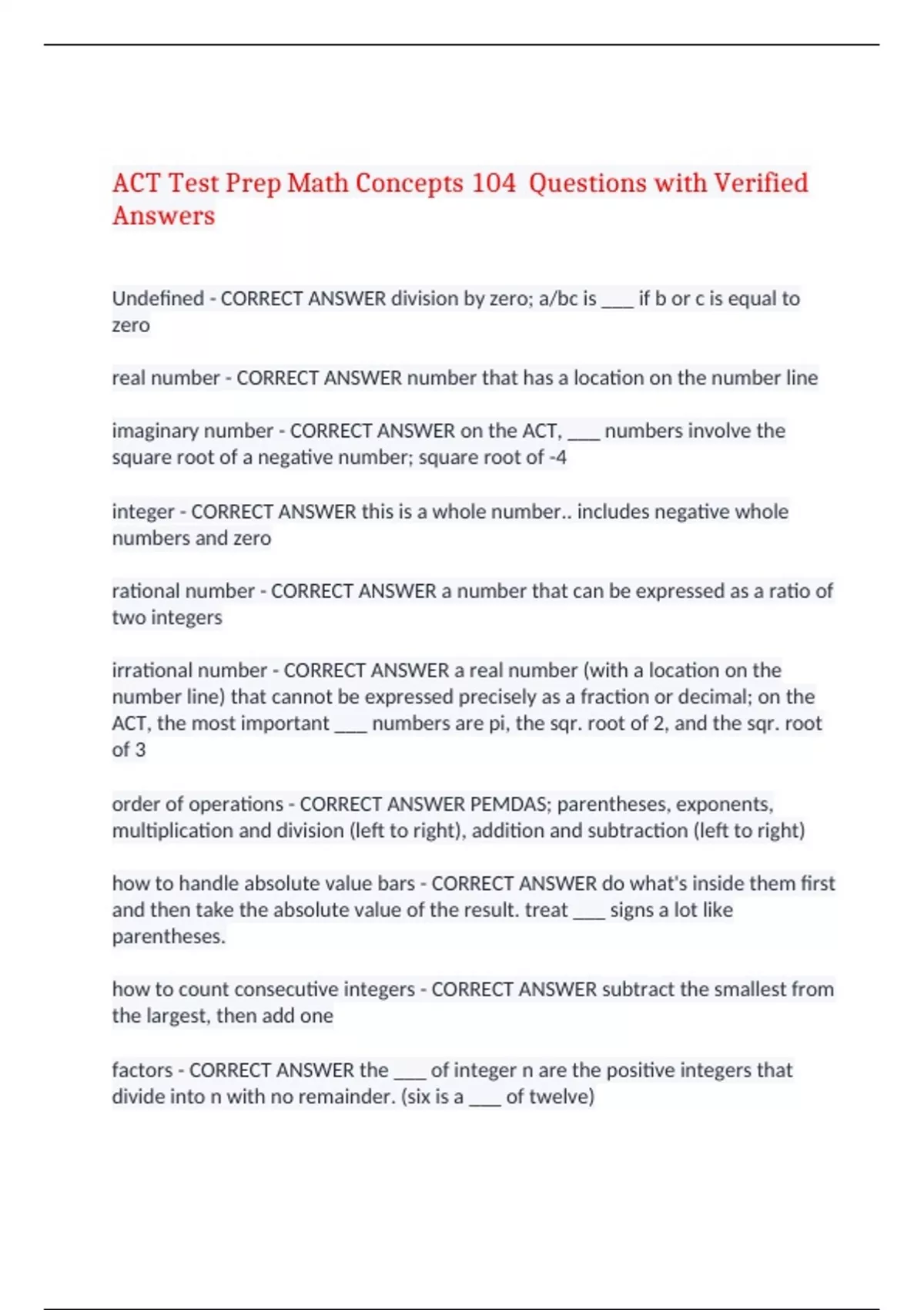 ACT Test Prep Math Concepts 104 Questions with Verified Answers,100% ...