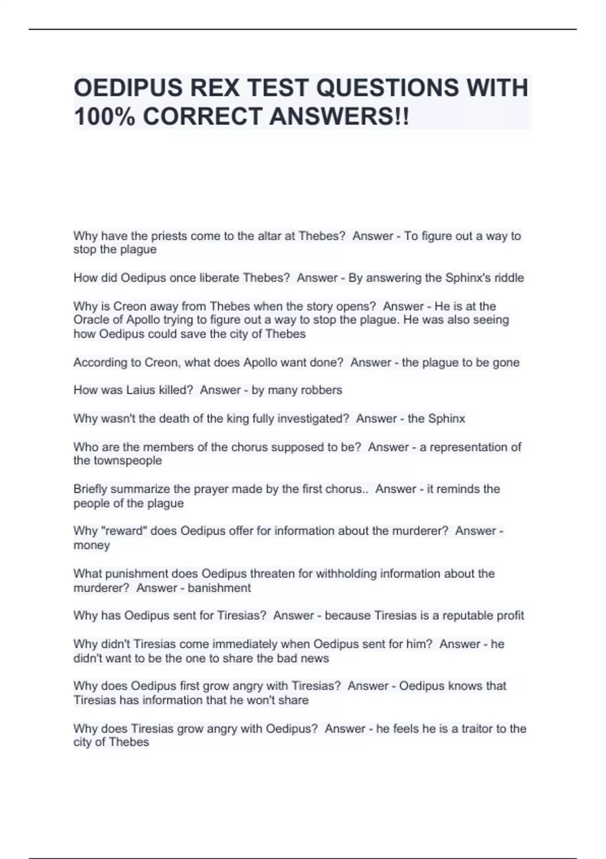 OEDIPUS REX TEST QUESTIONS WITH 100% CORRECT ANSWERS!! - OEDIPUS REX ...