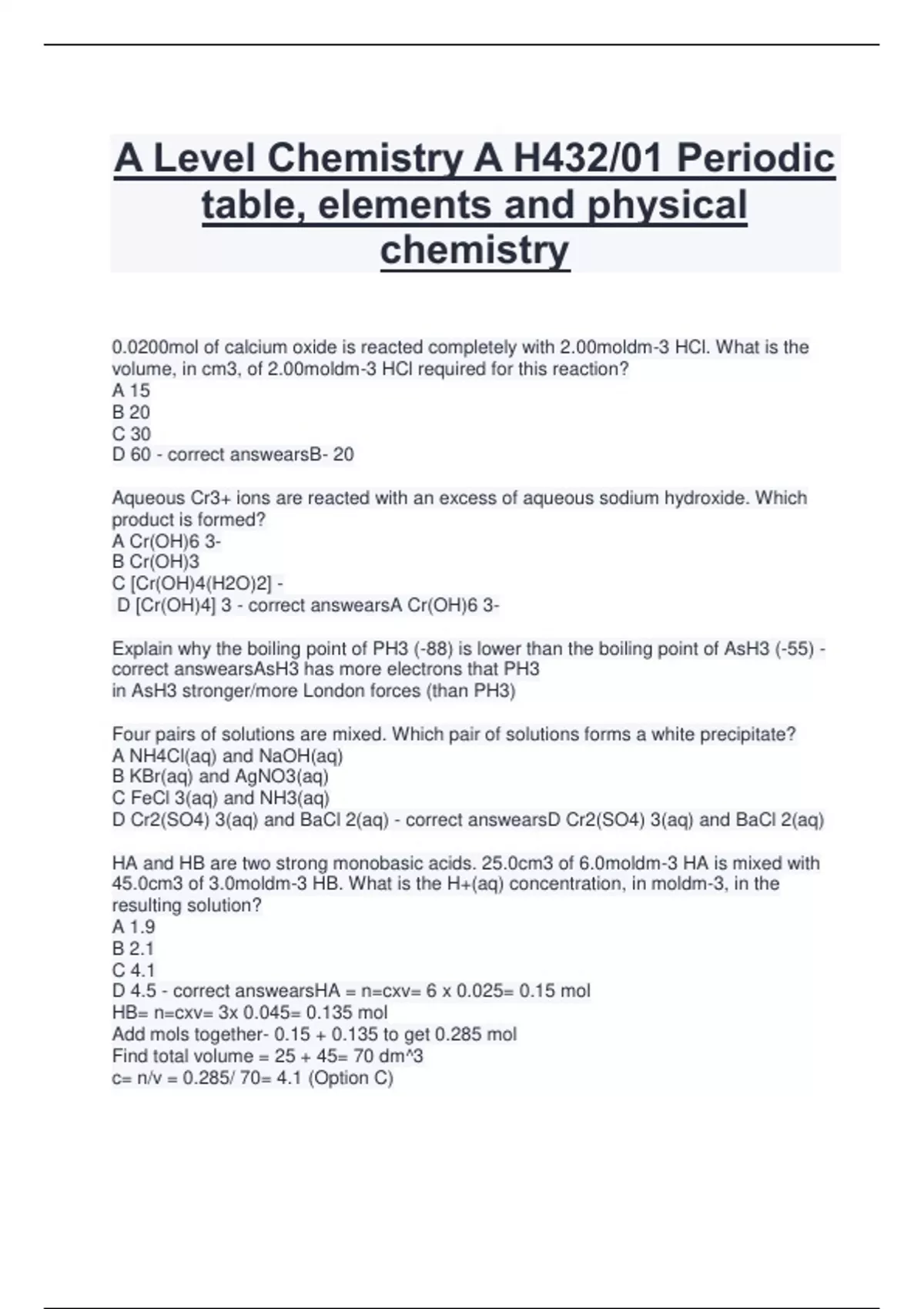 A Level Chemistry A H432/01 Periodic table, elements and physical ...