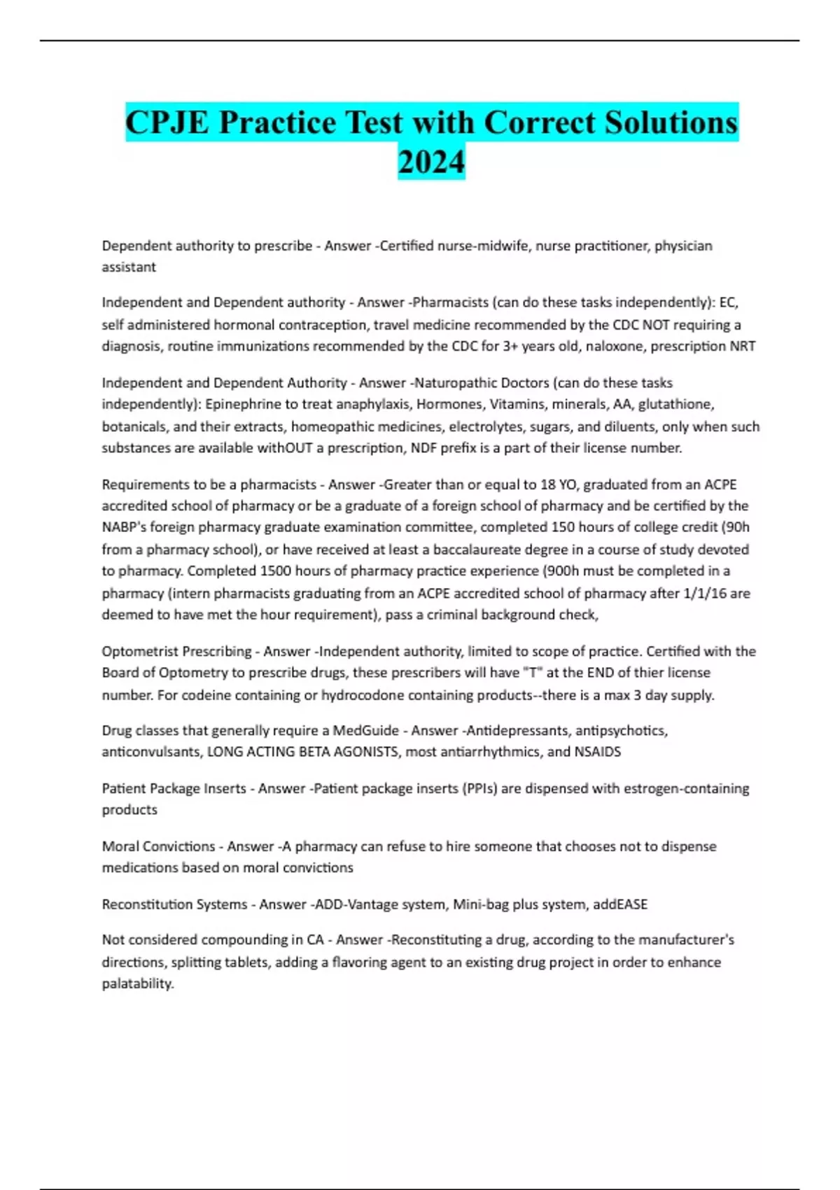 CPJE Practice Test with Correct Solutions 2024 - CPJE - Stuvia US