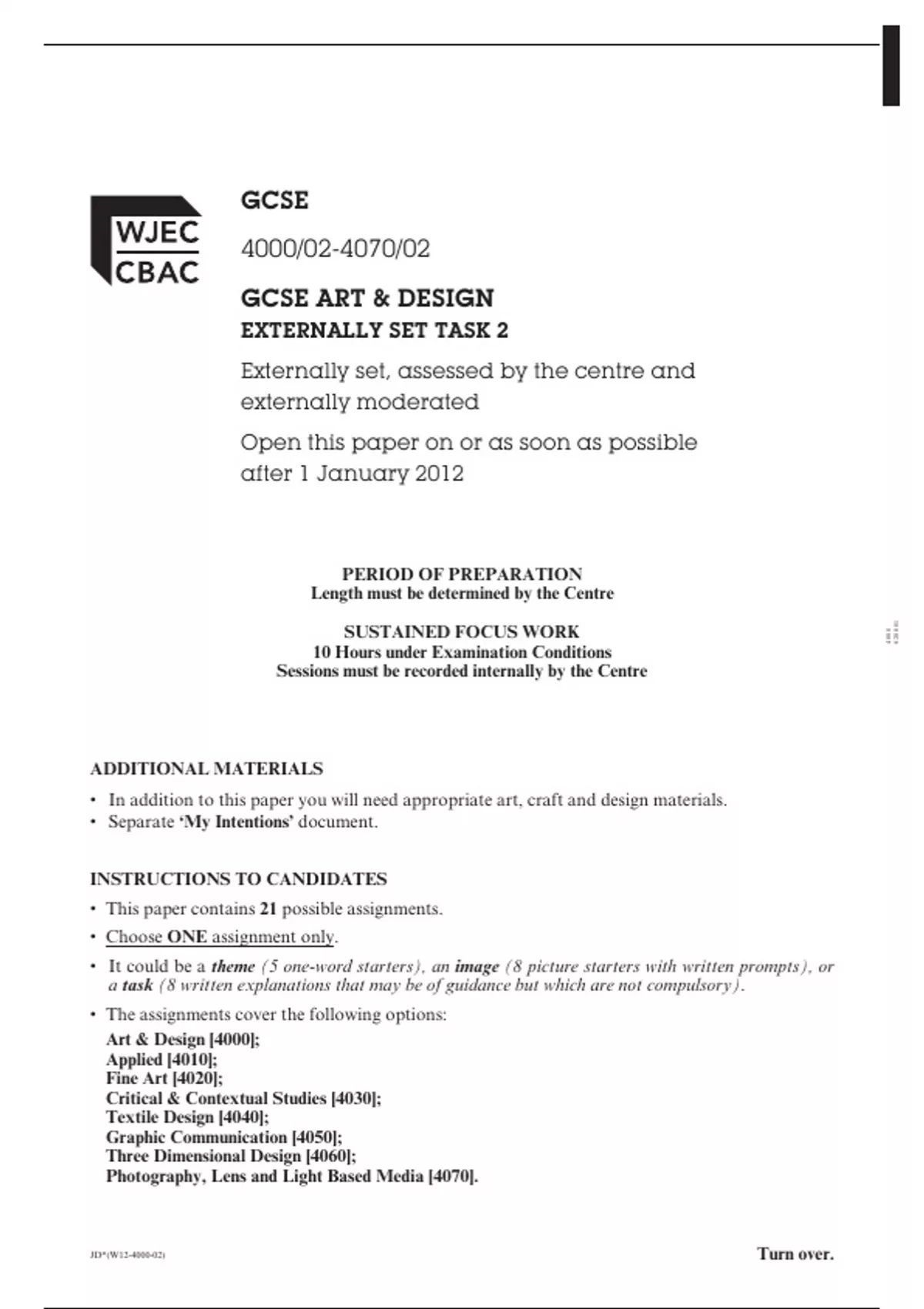GCSE 4000/02-4070/02 GCSE ART & DESIGN EXTERNALLY SET TASK 2 Externally ...
