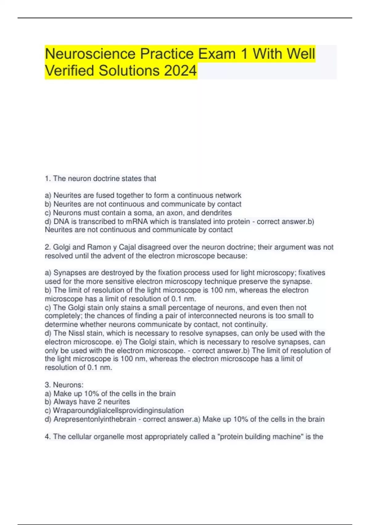 Neuroscience Practice Exam 1 With Well Verified Solutions 2024 ...