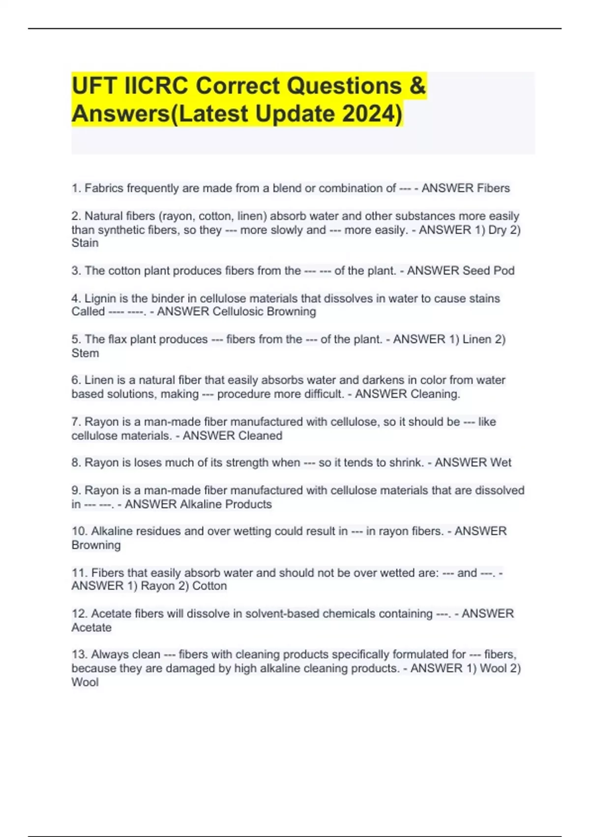 UFT IICRC Correct Questions & Answers(Latest Update 2024) - IICRC FSRT ...