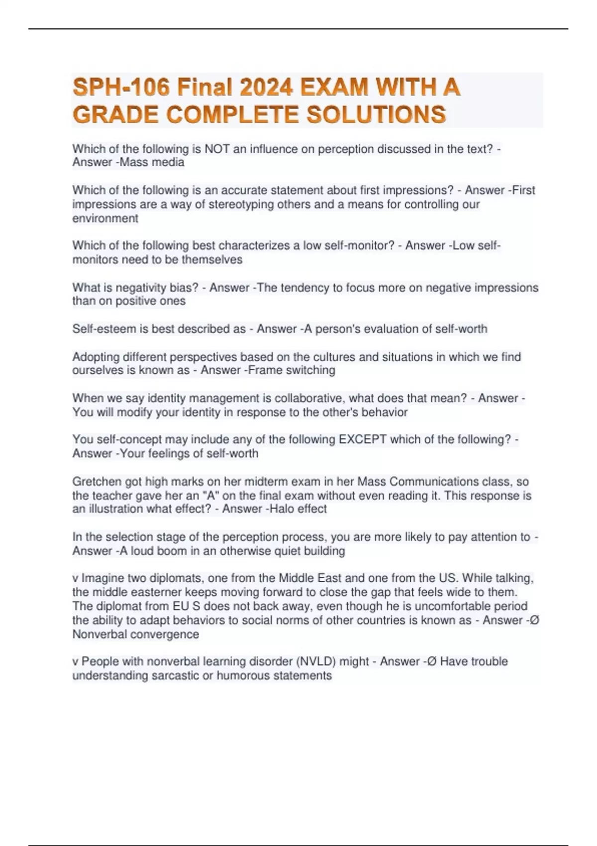 SPH-106 Final 2024 EXAM WITH A GRADE COMPLETE SOLUTIONS - SPH-106 - Stuvia US