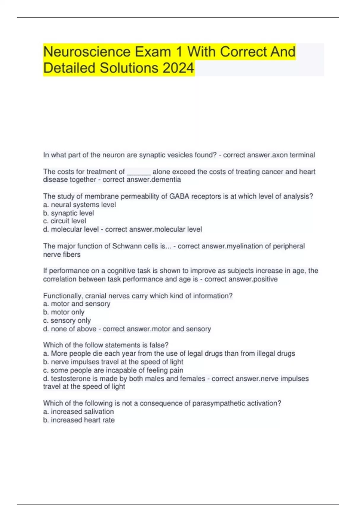 Neuroscience Exam 1 With Correct And Detailed Solutions 2024 ...