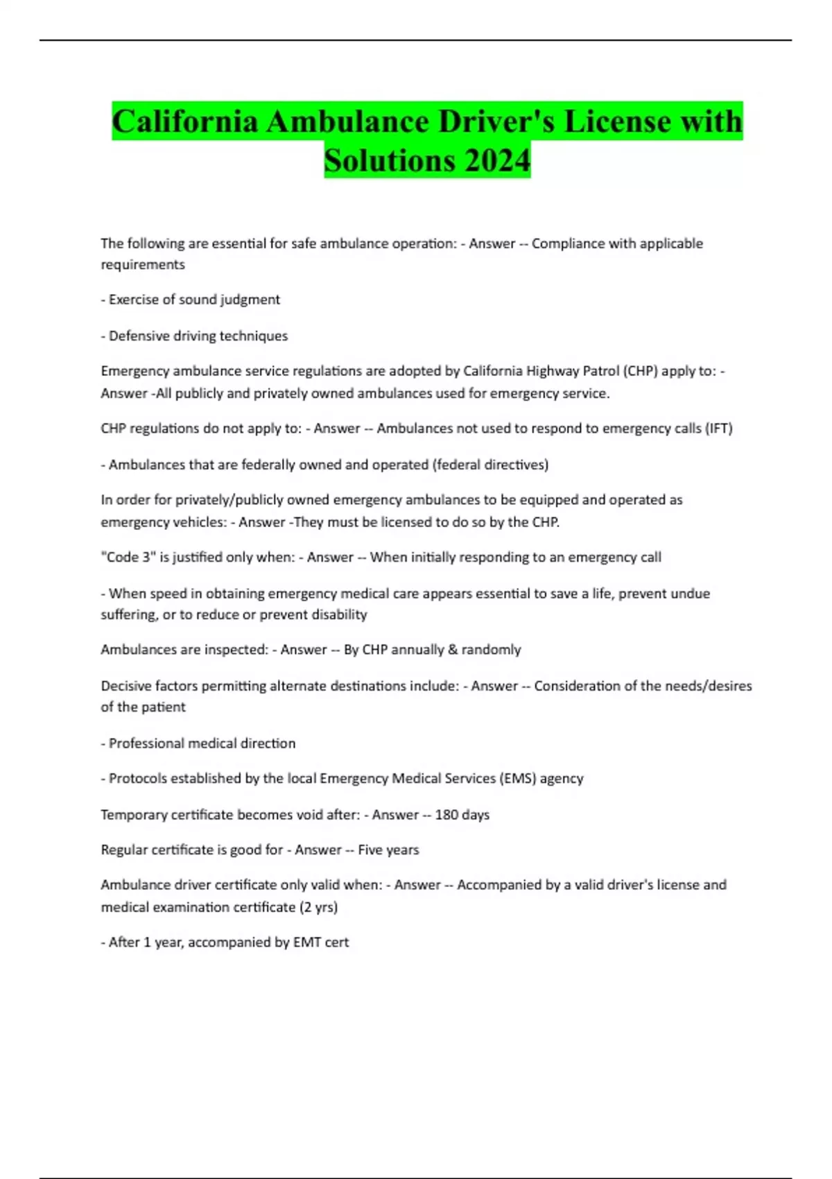 California Ambulance Driver's License with Solutions 2024 - Ambulance ...