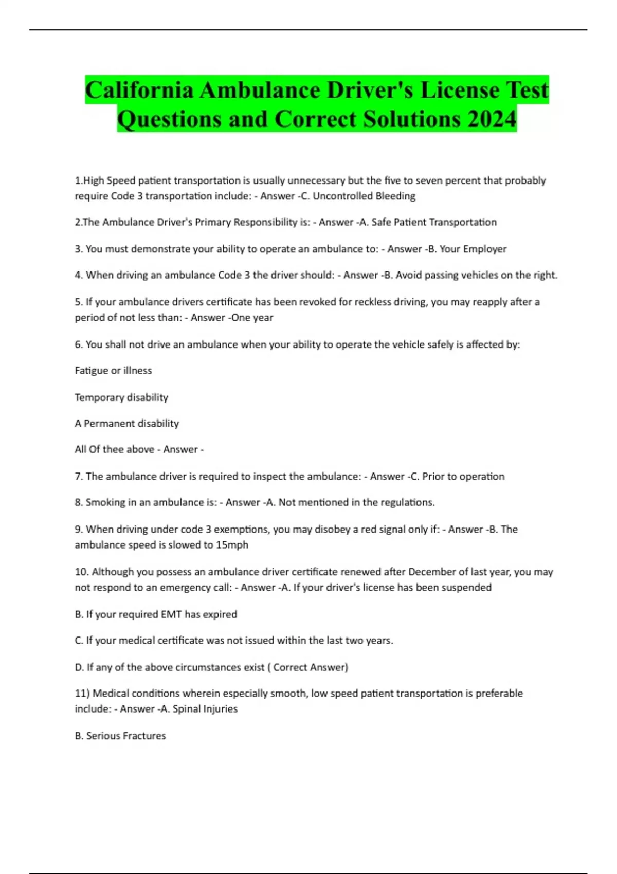 California Ambulance Driver's License Test Questions and Correct ...