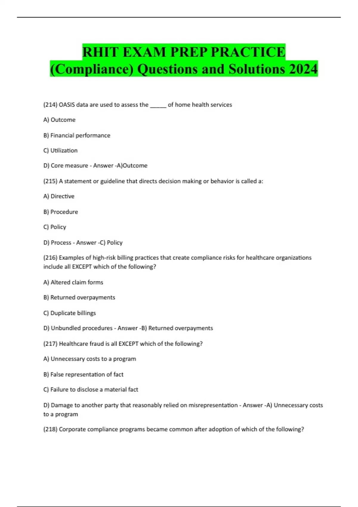 RHIT EXAM PREP PRACTICE (Compliance) Questions and Solutions 2024 ...