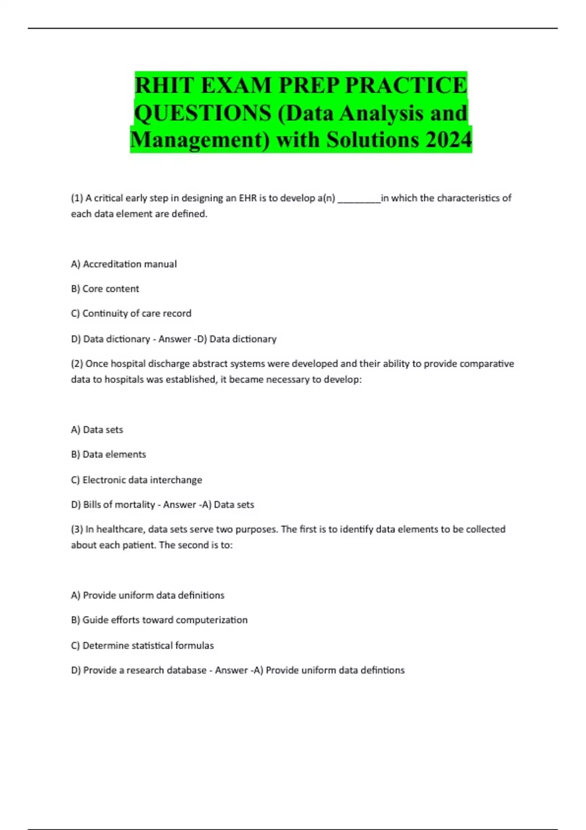 RHIT EXAM PREP PRACTICE QUESTIONS (Data Analysis and Management) with ...