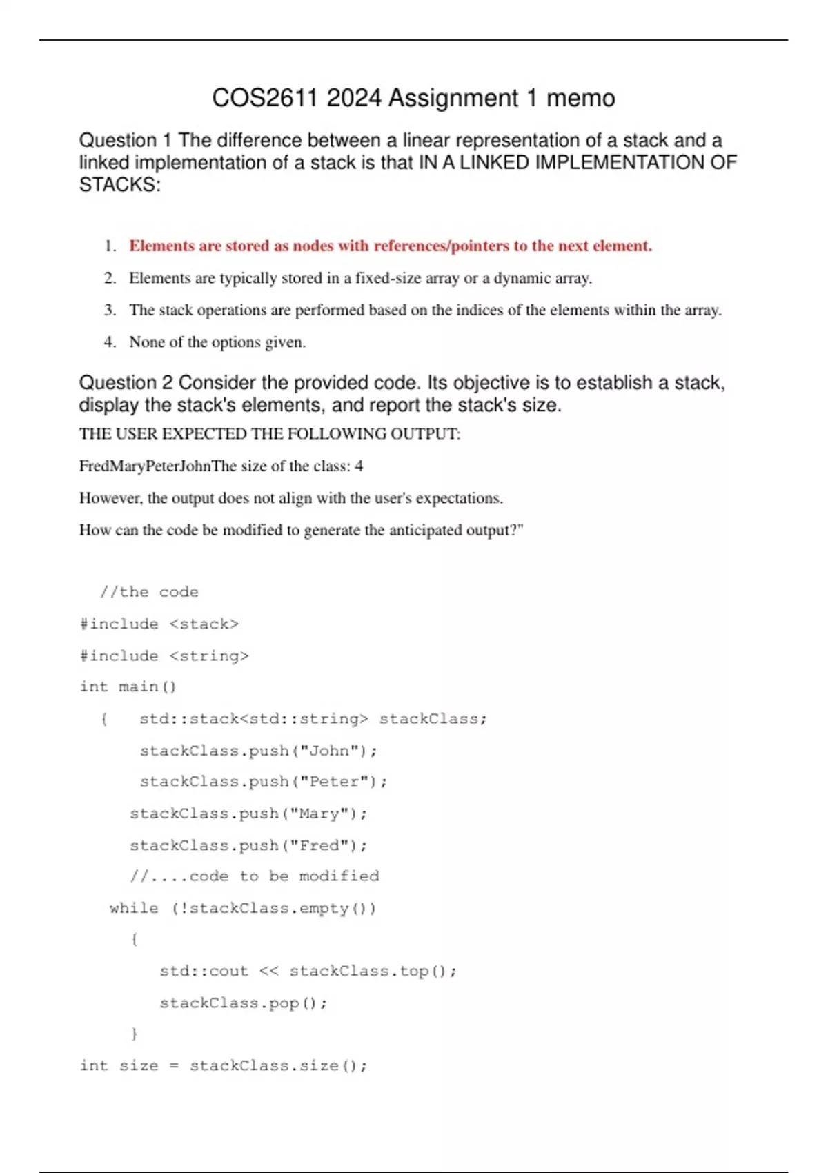 COS2611 Assignment 1 2024 memo - Programming: Data Structures-COS2611 (COS2611) - Stuvia SA