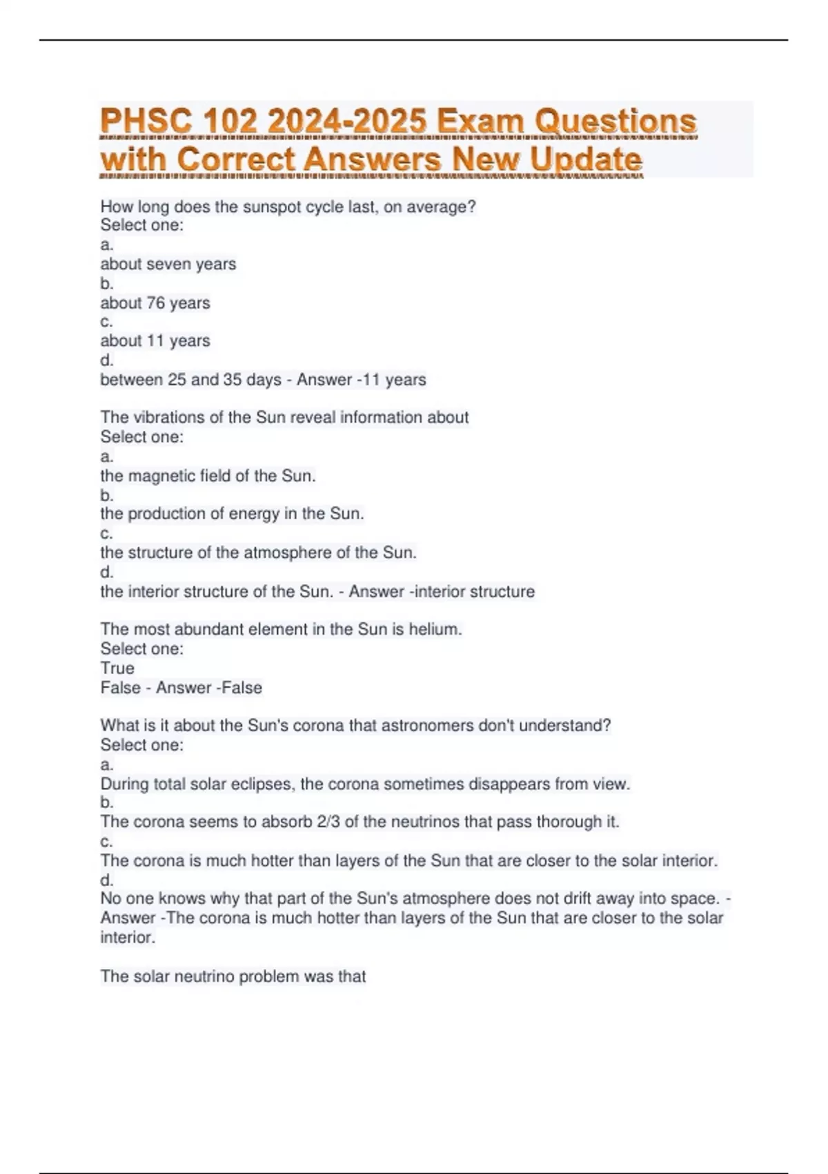 PHSC Exam Questions with Correct Answers New Update - PHSC 102 - Stuvia US