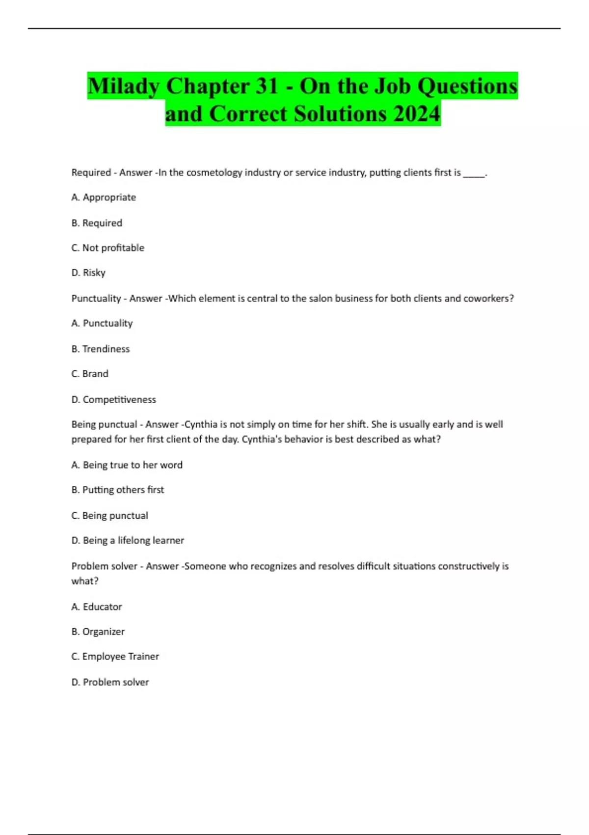 Milady Chapter 31 - On the Job Questions and Correct Solutions 2024 ...