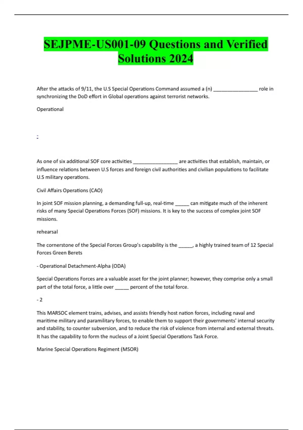 SEJPME-US001-09 Questions and Verified Solutions 2024 - Sejpme - Stuvia US