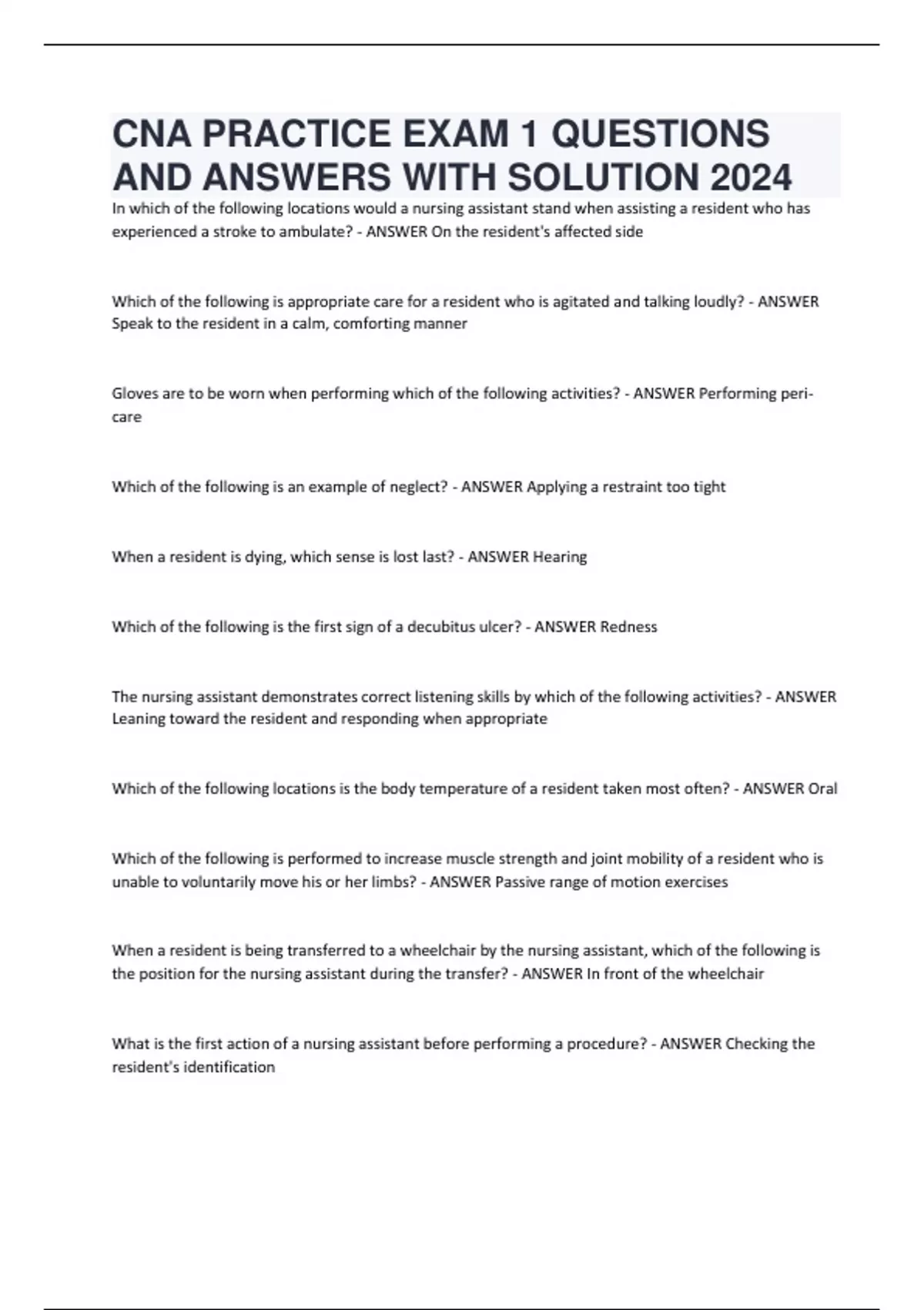 CNA PRACTICE EXAM 1 QUESTIONS AND ANSWERS WITH SOLUTION 2024 - CNA ...