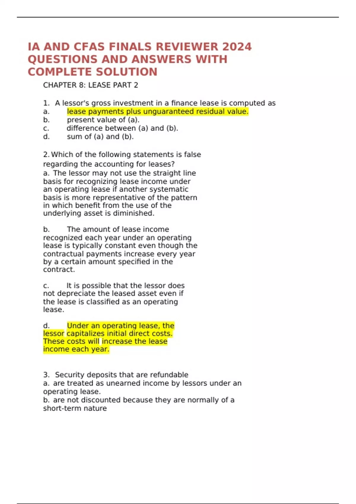 IA AND CFAS FINALS REVIEWER 2024 QUESTIONS AND ANSWERS WITH COMPLETE SOLUTION - IA AND CFAS ...