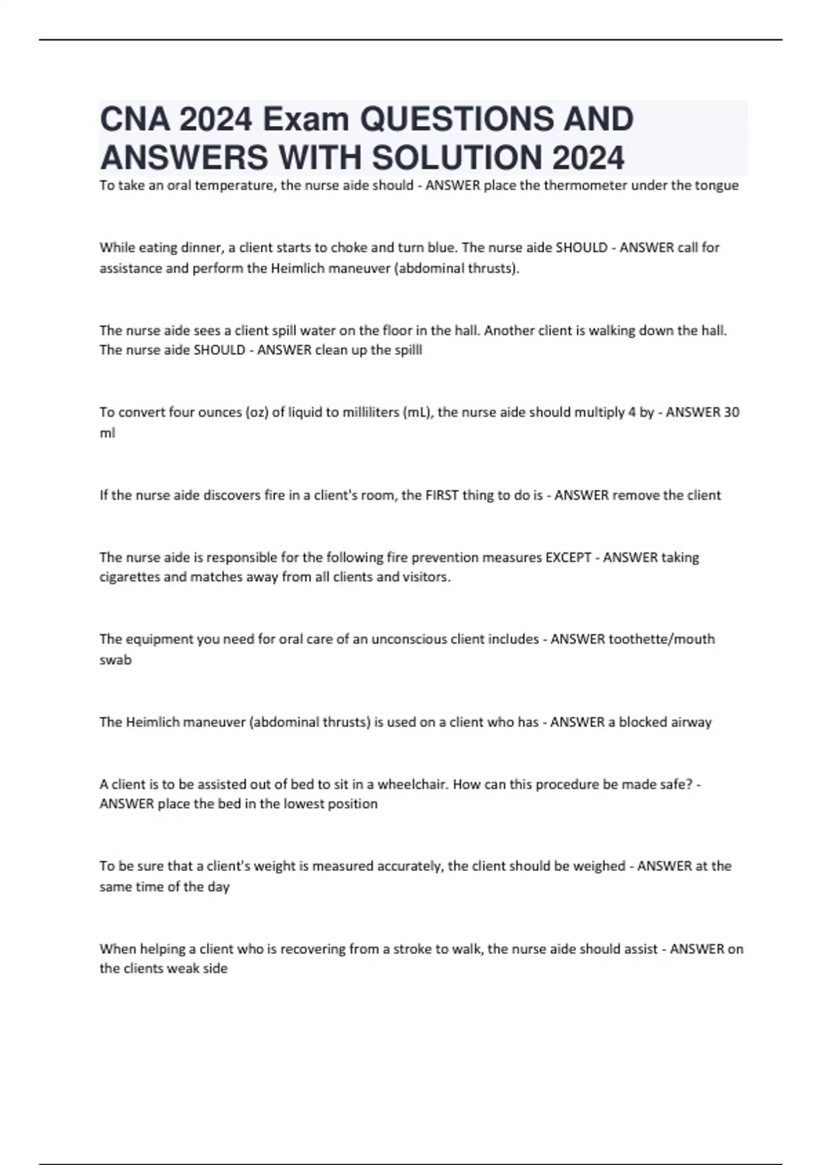 CNA 2024 Exam QUESTIONS AND ANSWERS WITH SOLUTION 2024 - CNA - Certified Nursing Assistant ...