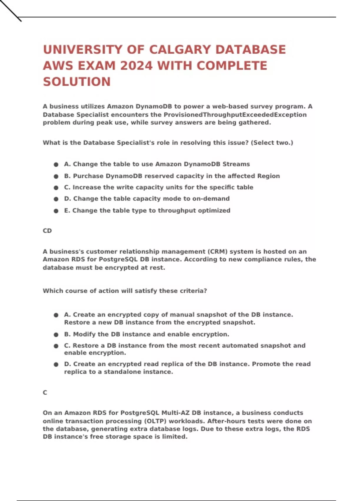 UNIVERSITY OF CALGARY DATABASE AWS EXAM 2024 WITH COMPLETE SOLUTION - DATABASE AWS - Stuvia UK