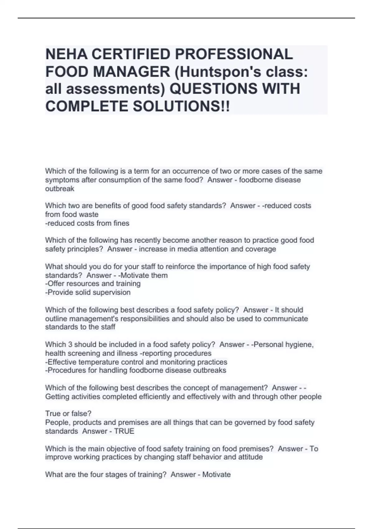 NEHA CERTIFIED PROFESSIONAL FOOD MANAGER (Huntspon's class: all ...