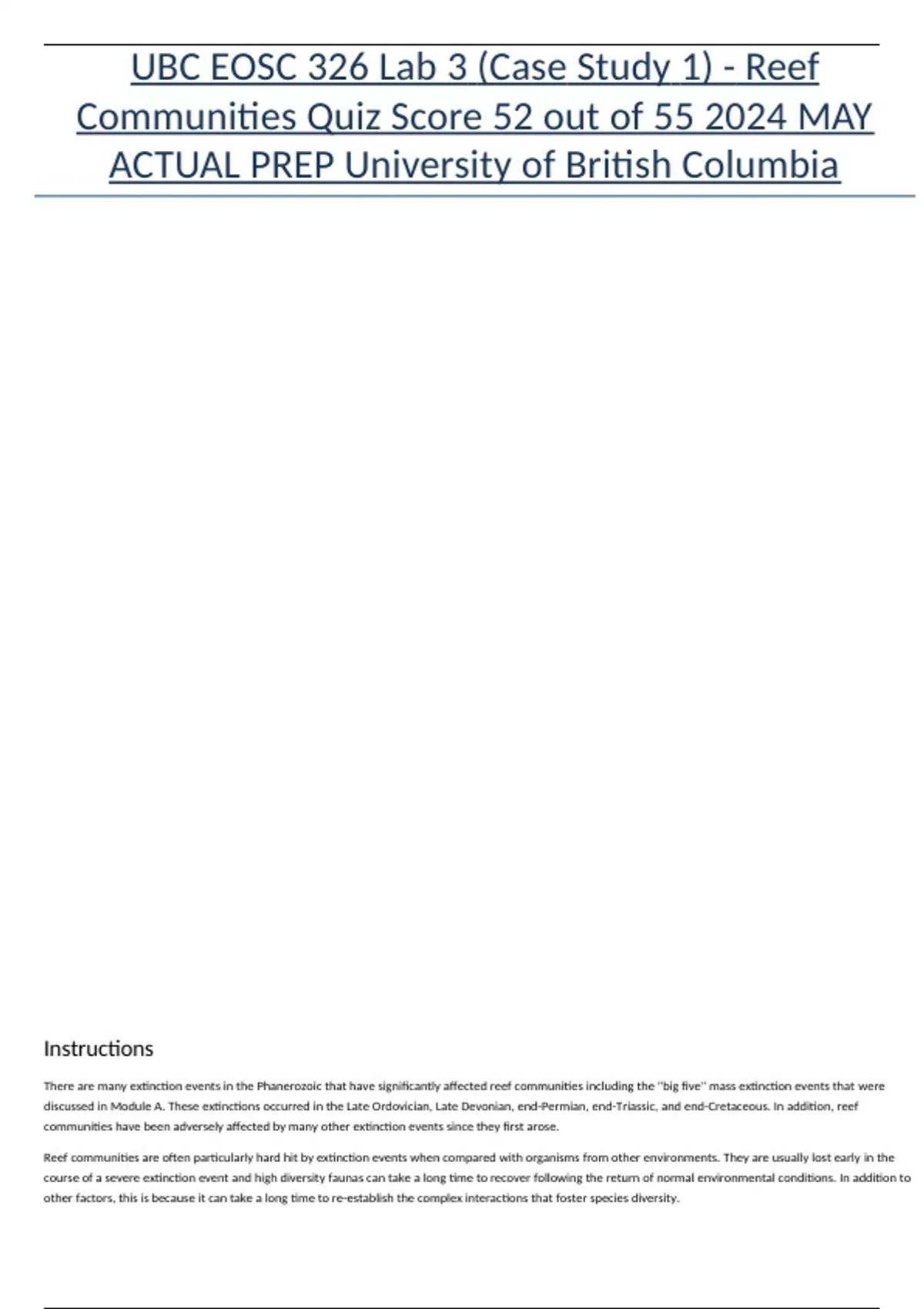 UBC EOSC 326 Lab 3 |Case Study 1|- Reef Communities |Quiz Score 52 out of 55| 2024 MAY ACTUAL ...